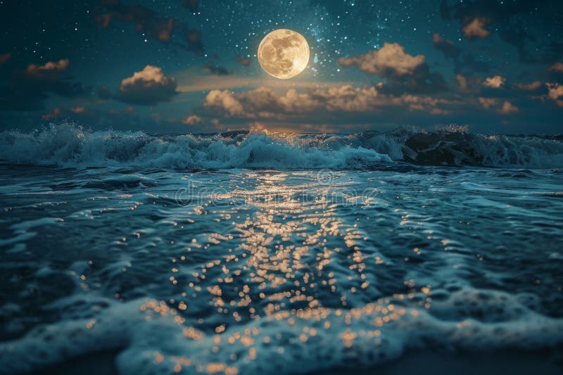 Full Moon in the Sky Over the Sea with Waves at Night. Neural Network ...