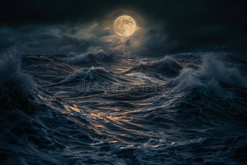 Full Moon in the Sky Over the Sea with Waves at Night. Neural Network ...