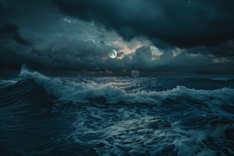 Full Moon in the Sky Over the Sea with Waves at Night. Neural Network ...