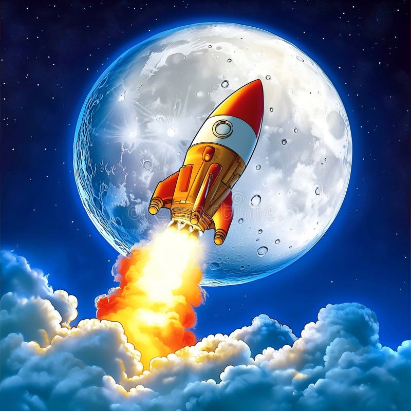 Full Moon in the Sky with a Rocket Headed Toward the Moon in Cartoon ...