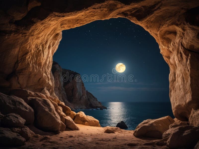 A Full Moon Spotlighting a Natural Archway in a Coastal Cliff. Stock ...