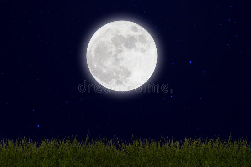 Full Moon with Stars and Field of Green Hill on Darkness Sky. Stock ...