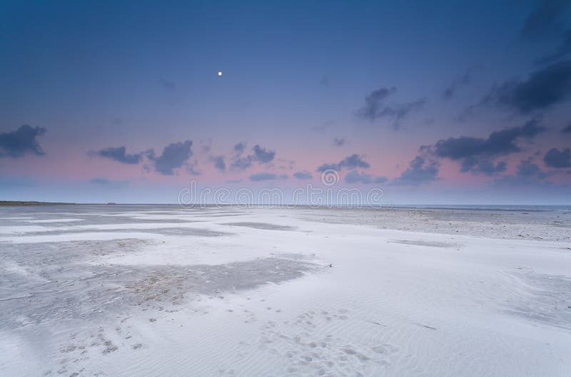 Full Moon and Sunrise Sky Over Sand Beach Stock Image - Image of ...