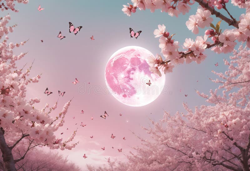 A Full Moon Surrounded by Blooming Pink Cherry Blossom Flowers Stock ...