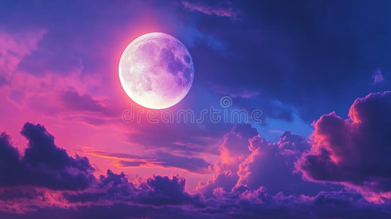 Full Moon among Vibrant Purple and Pink Clouds in Dramatic Night Sky ...