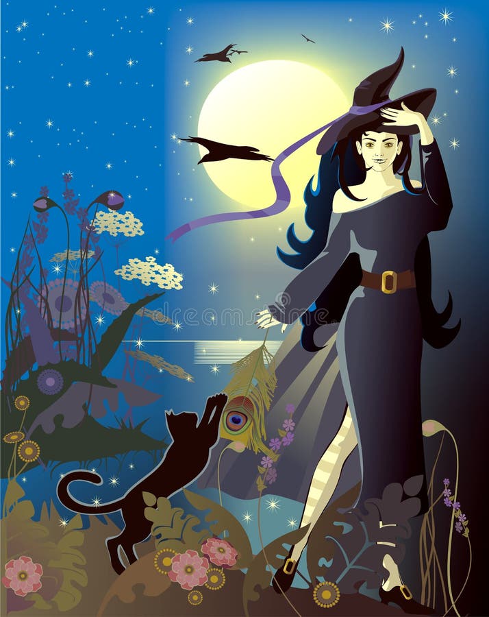 Full moon and witch stock illustration. Illustration of birds - 21431114