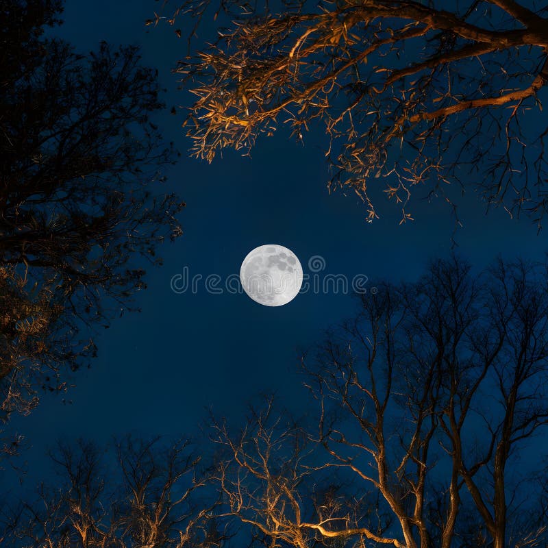 Full Moonlight Illuminates Tree Branches in a Dark Night Sky Stock ...