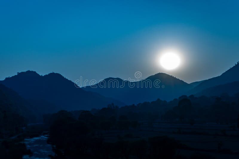 Full Moonrise Dramatic Landscape with Mountain Range at Night from Flat ...