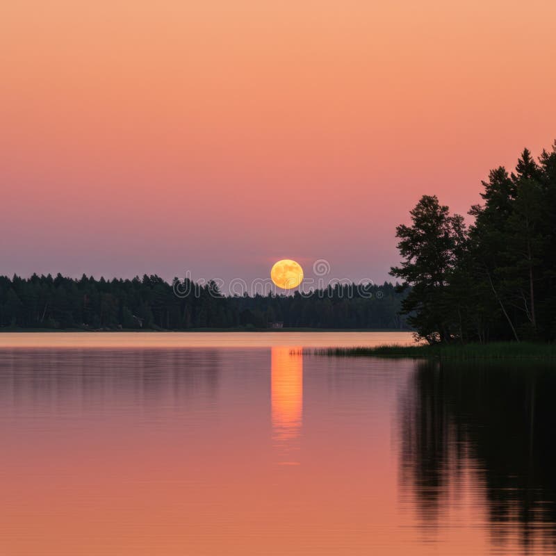 Full Moonrise Over Calm Lake at Sunset Stock Illustration ...