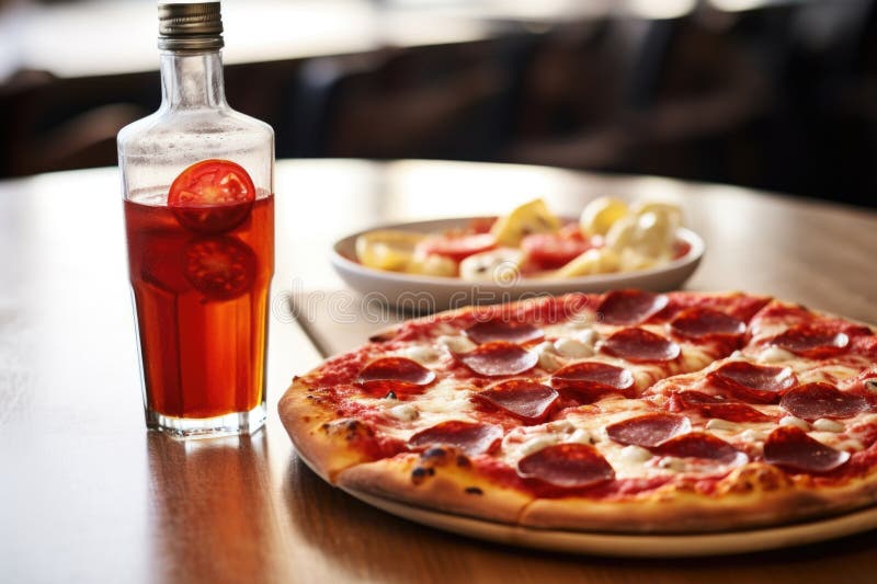 A Full Pepperoni Pizza Next To a Bottle of Soda Stock Photo - Image of ...