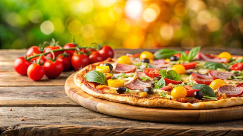 Full Pizza with Vegetables and Meat on Wooden Table with Blur ...