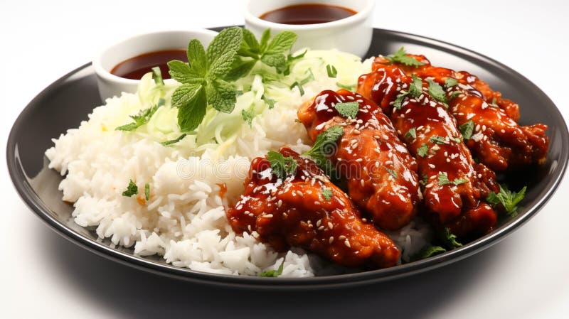 A Full Plate of Fried Chicken with Boiled Rice Isolated on White ...