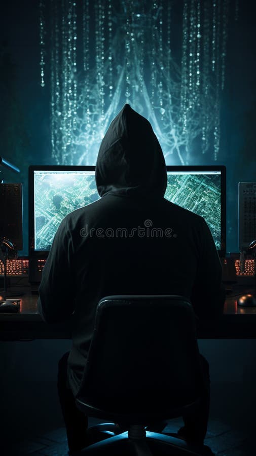 Full Rear View of an Anonymous Hooded Hacker Coding in Darkness Stock ...
