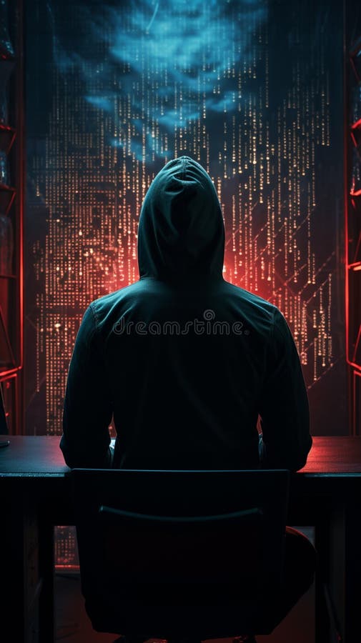 Full Rear View of an Anonymous Hooded Hacker Coding in Darkness Stock ...