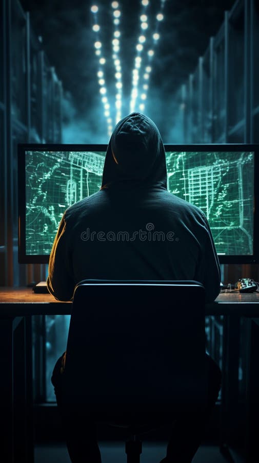Full Rear View of an Anonymous Hooded Hacker Coding in Darkness Stock ...