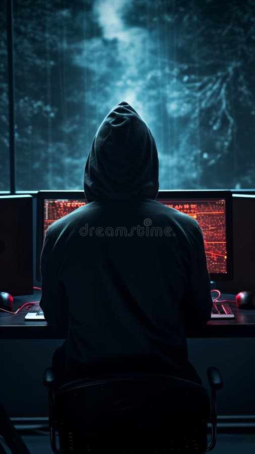 Full Rear View of an Anonymous Hooded Hacker Coding in Darkness Stock ...