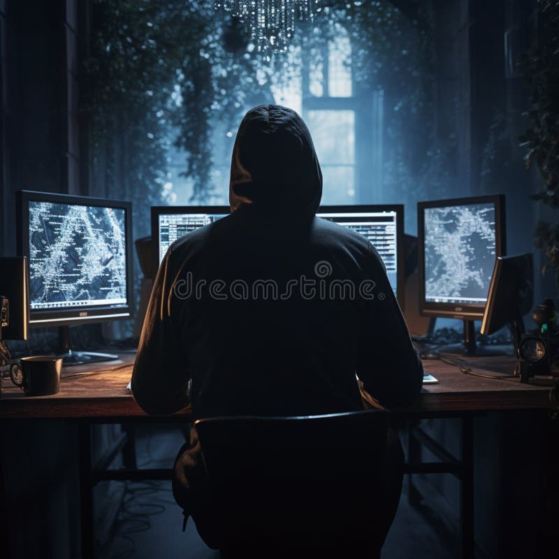 Full Rear View Of An Anonymous Hooded Hacker Coding In Darkness Stock