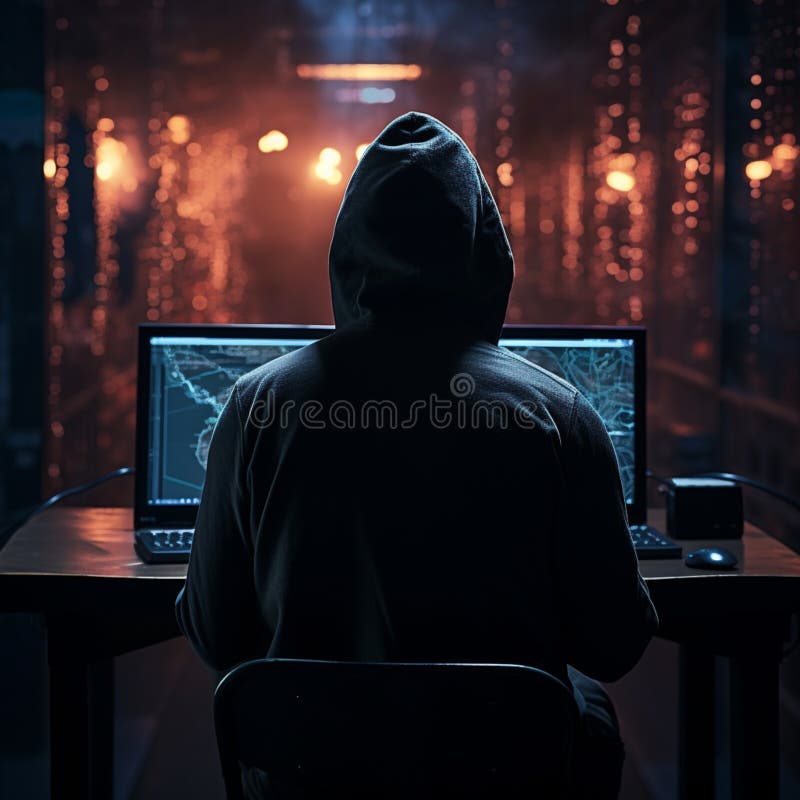 Full Rear View of an Anonymous Hooded Hacker Coding in Darkness Stock ...