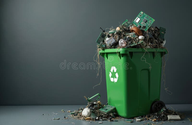 Full Recycle Bin Overflowing with Electronic Waste. Image E-waste ...