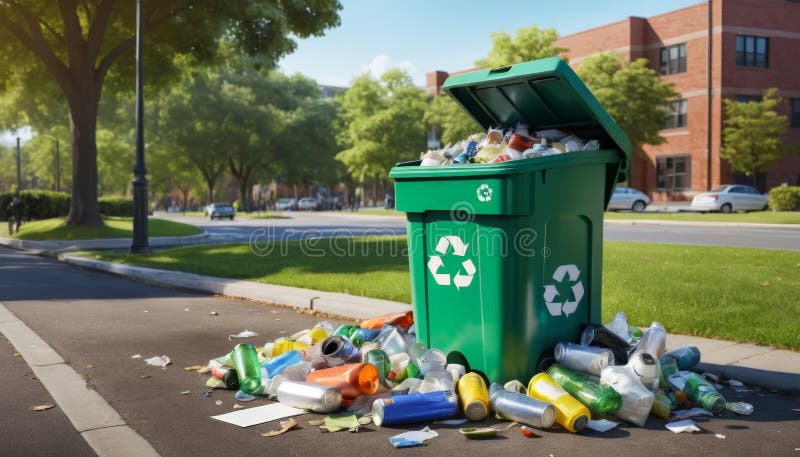 A Full Recycling Bin Overflowing with Various Recyclable Materials Like ...