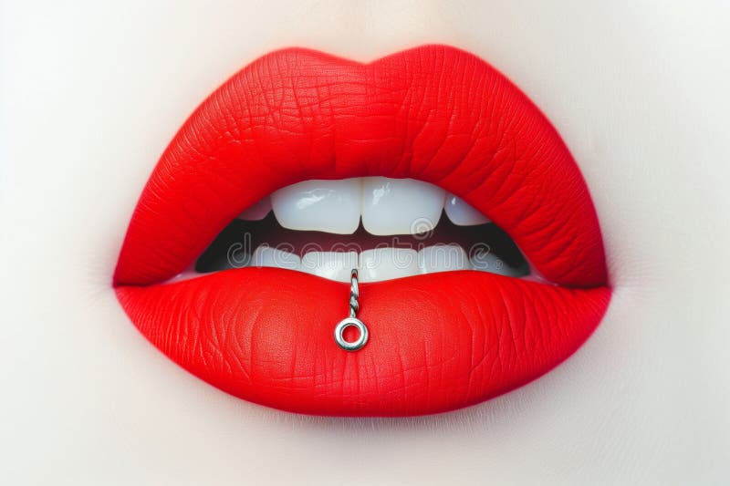 Full Red Lips with a Piercing on the Lower Lip Stock Illustration ...