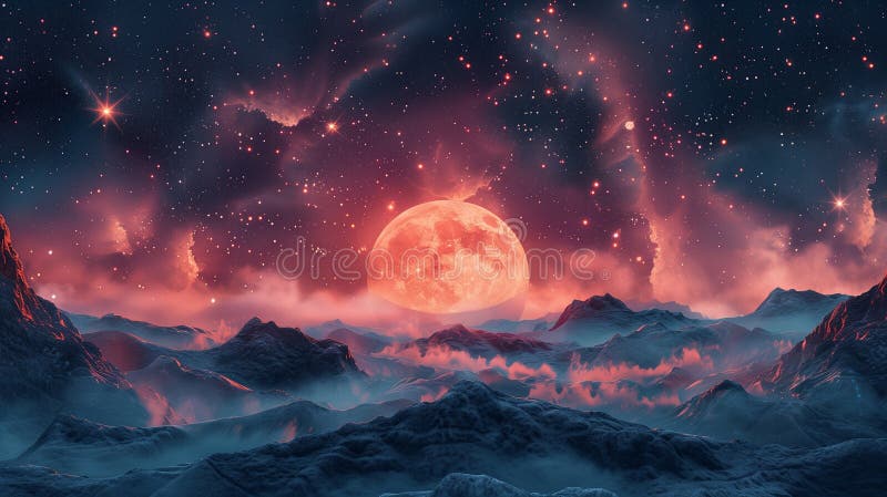 Full Red Moon Rising Over Mountain Range at Night Stock Photo - Image ...