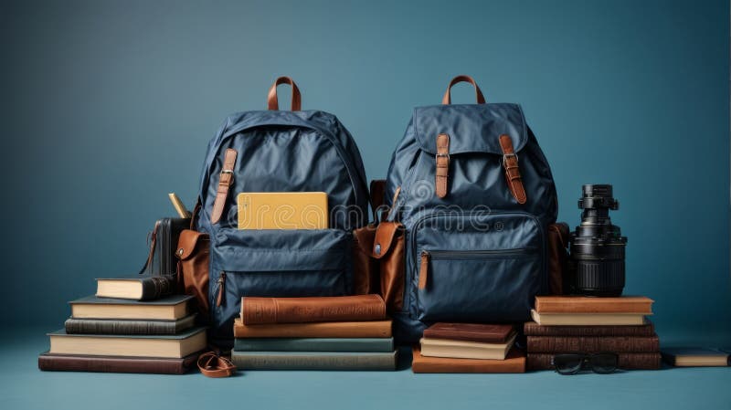 Full School Backpack with Books Isolated on Blue Background with Copy ...