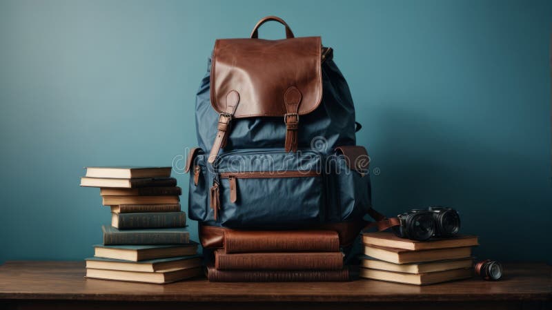 Full School Backpack with Books Isolated on Blue Background with Copy ...