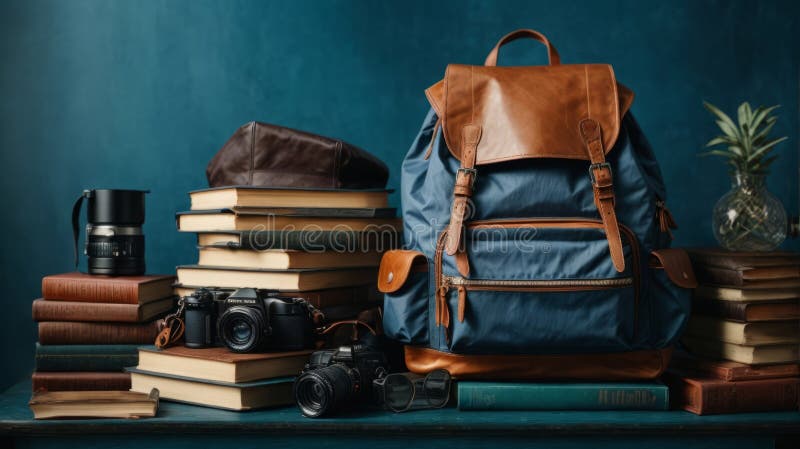 Full School Backpack with Books Isolated on Blue Background with Copy ...