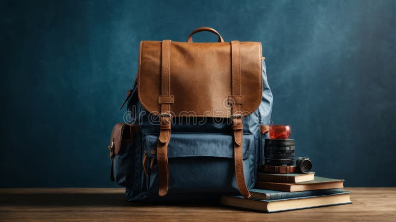 Full School Backpack with Books Isolated on Blue Background with Copy ...