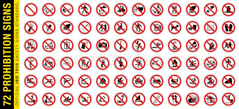 Full Set Of 72 Isolated Prohibition Symbols On Red Crossed Out Circle