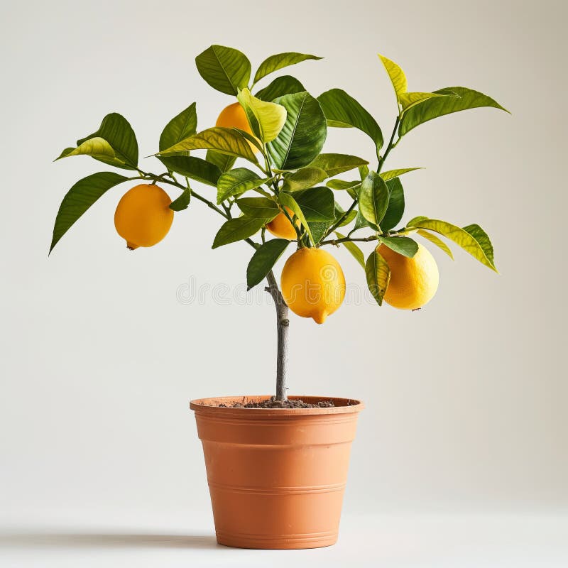 Full Shot of a Small Potted Lemon Tree Isolated on White Background ...