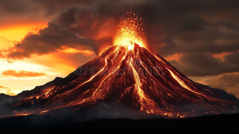 Volcanic Eruption at Dusk, Fiery Lava Flowing Down Volcano Stock ...