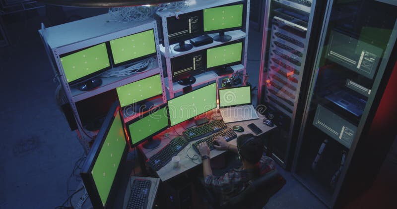 Hacker Using Computer with Multiple Monitors Stock Footage - Video of digital, skill: 158393556