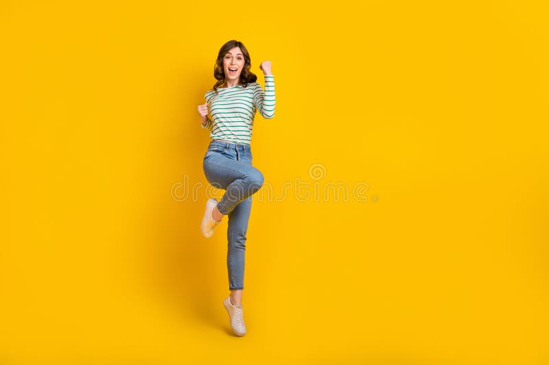 Full Size Photo Of Optimistic Adorable Woman Dressed Striped Shirt