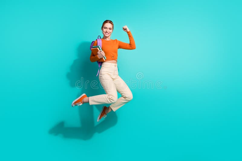 Full Size Photo Of Overjoyed Girl Dressed Orange Shirt Backpack On