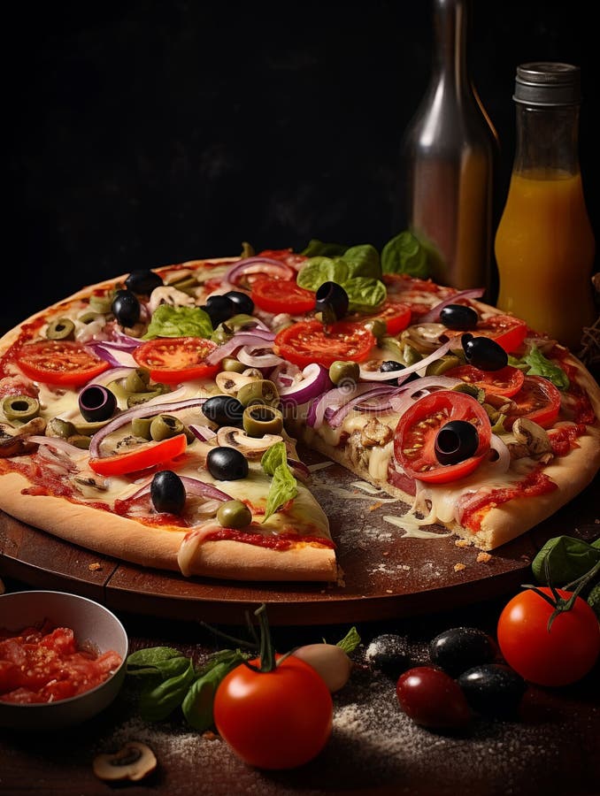 Delicious Pizza with Olives, Tomatoes, and Fresh Vegetables on Black ...
