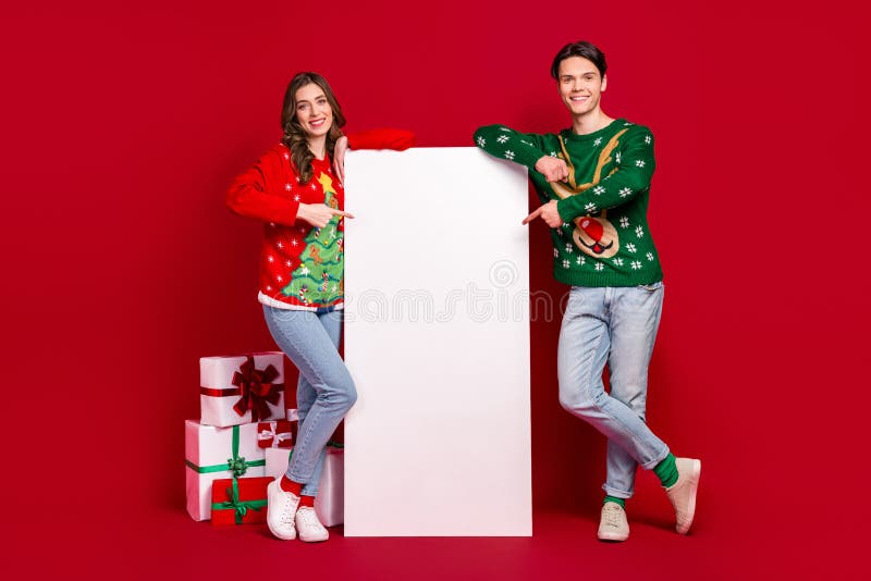 Full Size Portrait of Two Cheerful Partners Indicate Finger Empty Space ...