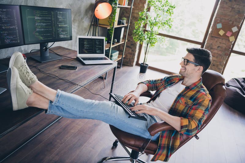 Full Size Profile Portrait of Intelligent Hardware Expert Sit Chair ...