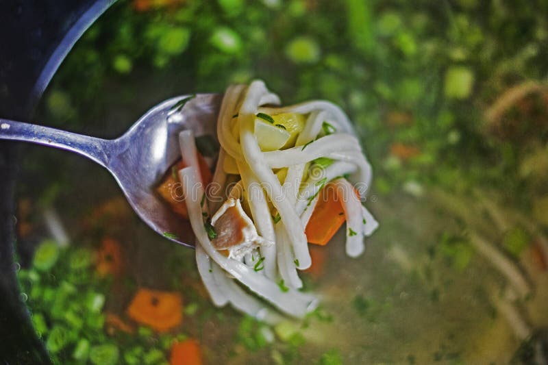 Full Spoon with Carrot Paste and Chicken Pieces on the Background of ...