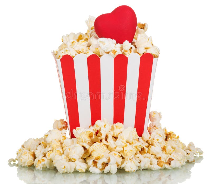 Full Square Box of Popcorn with a Red Heart Isolated on White Stock ...