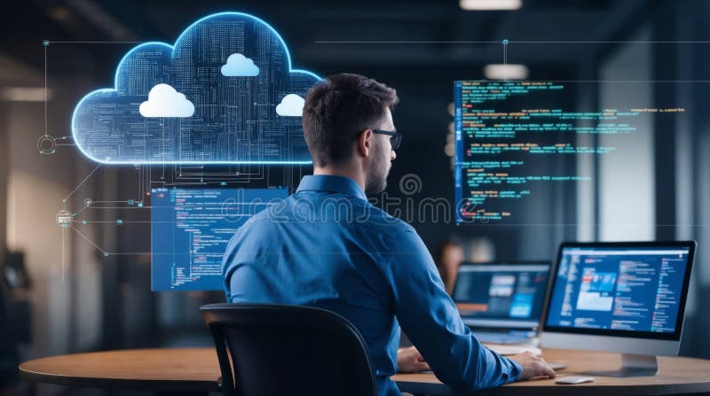 Full-stack Developer Working on Cloud Integration, Coding in the Background, Modern Software ...