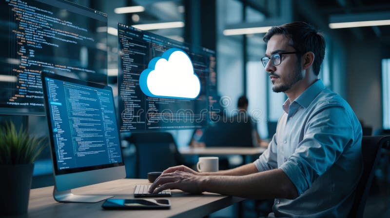 Full Stack Developer Working On Cloud Integration Coding In The Background Modern Software