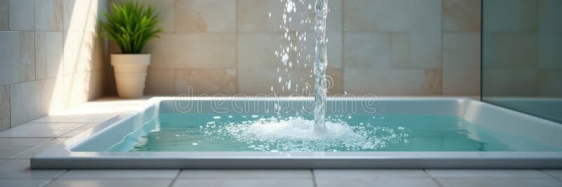 Full Stream of Water Filling Shower Pan, Ceramic Tiles Visible, Light ...