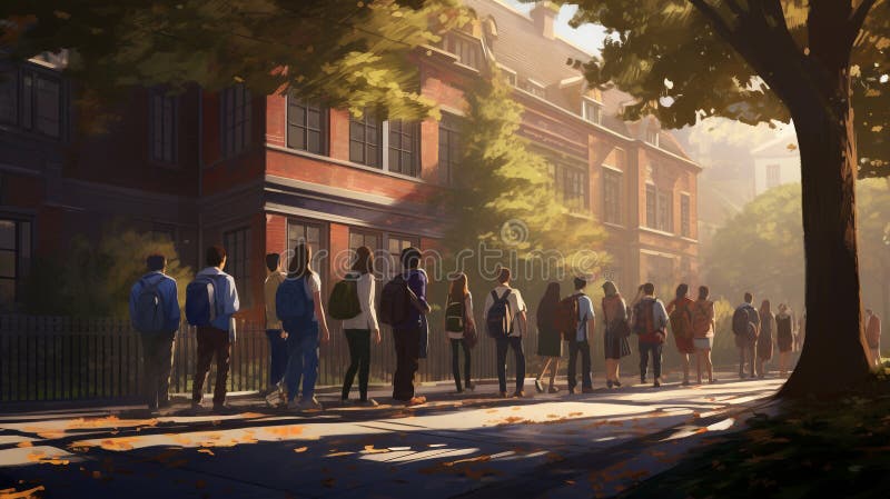 Students Waiting in Front of the School Stock Illustration ...