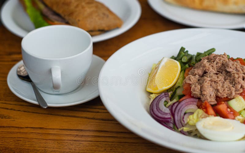 Full Table of Delicious and Different Dishes in Cafe with Cup of Coffee ...