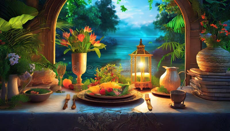 Full Table of Food with Window View Stock Illustration - Illustration ...