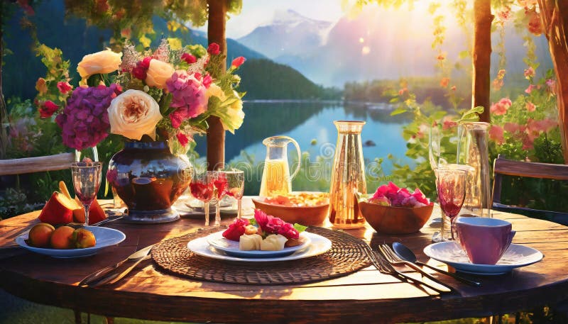 Full Table of Food with Window View Stock Illustration - Illustration ...