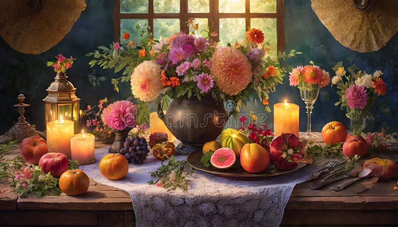 Full Table of Food with Window View Stock Illustration - Illustration ...