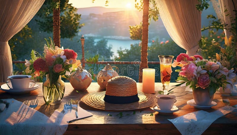 Full Table of Food with Window View Stock Illustration - Illustration ...